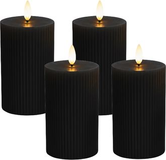 Relaxdays LED Kerzen, 4er Set, HxD: 13 x 7,5 cm, flackernde Flamme, Echtwachs, Rillen, flammenlose Blockkerzen, schwarz