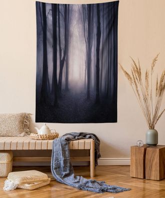 Abakuhaus Wald Wandteppich, Pfad im dunklen tiefen Waldnebel Halloween Gruselige verdrehte Äste Bild, aus Weiches Mikrofaser Stoff Wand Dekoration Für Schlafzim