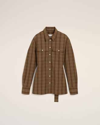 Ami Ami Paris - Chemise marron &agrave; carreaux cintr&eacute;e en laine Marron Choco & beige Mastic - Taille : 34 - pour Femme