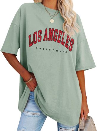 Dresswel Oversized T Shirt Damen Los Angeles California Brief drucken Vintage T-Shirt Kurzarm Rundhals Sommer Oberteile Lose Bluse Lang Tunika Top f&uuml;r Teenager