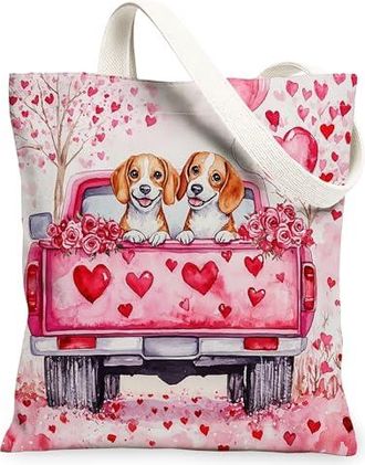 Generic Sac fourre-tout en toile pour la Saint-Valentin - 33 x 38 cm - Motif chien beagle - R&eacute;utilisable - Pour femme et couple - Peinture esth&eacute;tique - Cadeau