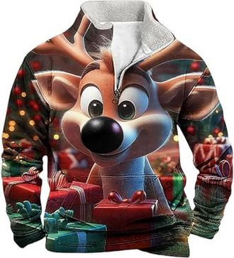Generic Pull de Noël pour homme avec imprimé Père Noël amusant et fermeture éclair quart de long, col doublé en polaire, imprimé graphique de Noël, sweatshirt