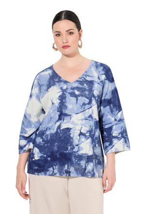 Ulla Popken Damen große Größen Übergrößen Plus Size Pullover, Batikdruck, Ziersteine, V-Ausschnitt, 3/4-Arm Marine 50+ 831321130-50+