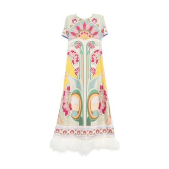 La DoubleJ Femme, Robes, Multicolore, Taille: 40 FR Robe Maxi &agrave; Plumes et Imprim&eacute; Plac&eacute; de Tulipes