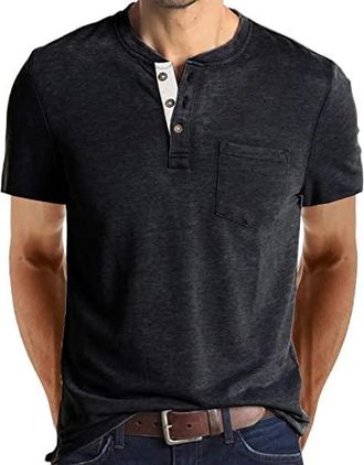 Generico T-shirt pour homme &agrave; manches courtes en coton, style d&eacute;contract&eacute;, respirant, avec boutons et poche pour un usage quotidien, gris fonc&eacute;, XXXL