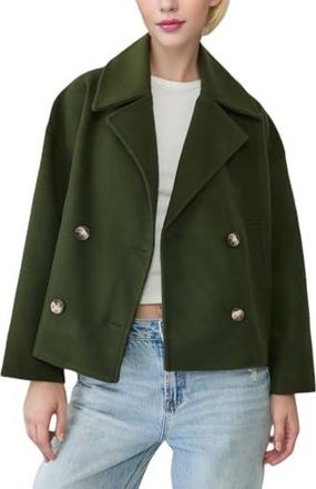 Generic Manteau court pour femme, surdimensionné, décontracté, élégant, mélangé, col à revers, veste dhiver courte tendance, vert militaire, 3XL