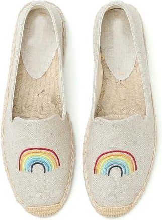 Generic QXDZSW Chaussures plates décontractées pour femme avec plateforme plate en chanvre brodé, bout rond, printemps/automne, confortable, Arc-en-ciel, 40 E