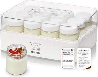 Cloer 9921 Joghurtbereiter f&uuml;r 12 Gl&auml;ser &agrave; 150 ml, Joghurtmaschine f&uuml;r selbstgemachten Joghurt, Timer 8-14 h, LED-Anzeige, Signalton, Kunststoffgeh&auml;use mit 
