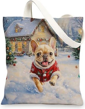 Generic Sac fourre-tout en toile r&eacute;utilisable pour le magasinage, motif bouledogue fran&ccedil;ais, 33 x 38,1 cm, sac d&eacute;picerie r&eacute;utilisable pour homme et femme, pei