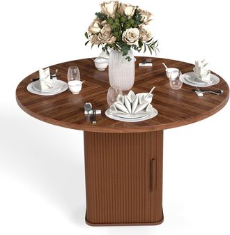 ZJchao Runder Esstisch mit Ablagefl&auml;che, Exquisites MDF-Holz-Schiebet&uuml;r-Design, Stilvoller Moderner K&uuml;chentisch f&uuml;r Zuhause, Esszimmer, Kantine, 1,2 Meter Du