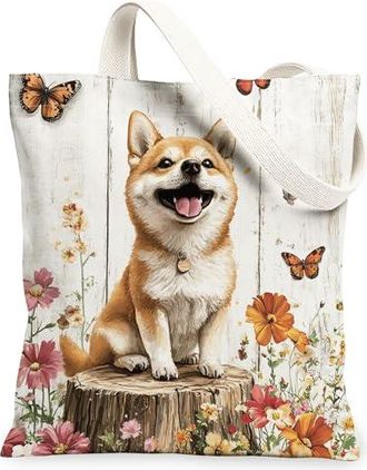 Generic Sac fourre-tout en toile motif chien Shiba Inu de printemps 33 x 38,1 cm, sac d&eacute;picerie r&eacute;utilisable pour femme, animal de compagnie, peinture, d&eacute;cora