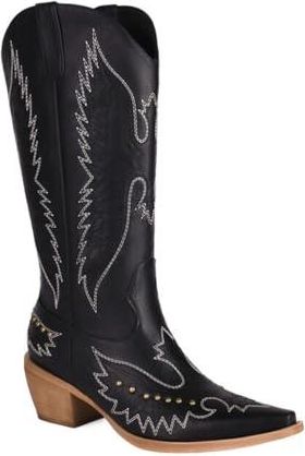 Generic Bottes Femme Hautes Style Western Bout Pointu Talons Carrés avec Broderie Et Clous Tige Cuir Durable Confortables Enfilables Décontracté Quotidien Soi