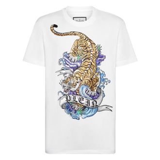 Philipp Plein Homme, Tops, Blanc, Taille: 4XL T-shirt Col Rond Tattoo