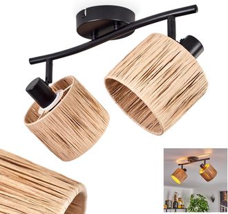 HOFSTEIN Deckenleuchte Granja, moderne Deckenlampe aus Metall/Bast in Schwarz/Natur, 2-flammig, mit verstellbaren Strahlern, Leuchte im Boho-Design, 2 x E14, o