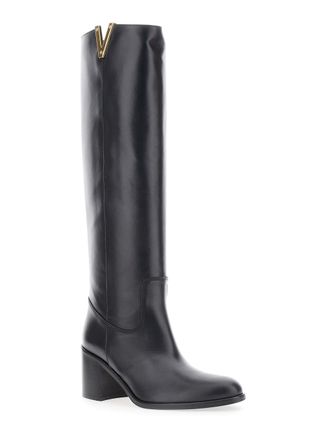 Via Roma 15 Womens Black Knee-High Boots With Cut-Outs Cow