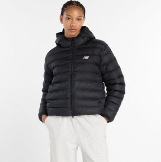 New Balance Femme Sport Essentials Hooded Puffer Jacket en Noir, Polytissé, Taille XL