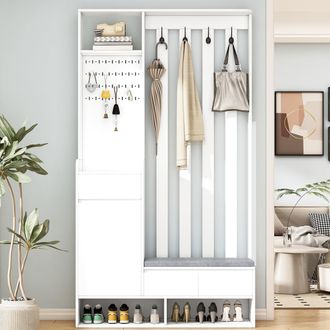 Generic Garderobenset 100x180 cm Wei&szlig; Flurgarderobe mit Sitzbank Schuhschrank Stecktafel Garderobenst&auml;nder 4 Haken Schublade MDF Schuhbank f&uuml;r Flur Diele Eing