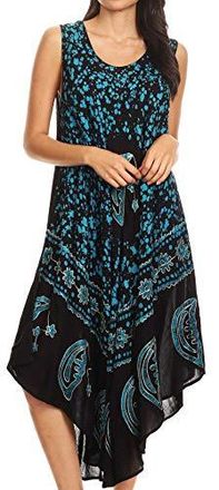 Sakkas B900 Lune et étoiles Batik Caftan Tank Dress/Cover Up - Noir/Turquoise - One Size