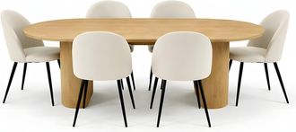 ebuy24 Kyoto Essgruppe - mit 6 St&uuml;hlen - Tisch 210 x 100 x 75 cm - St&uuml;hle Samt Creme - MDF, Papier, Formgespanntes Holz - Tisch Natur - skandinavisch-modern 