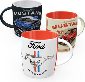 Nostalgic Art Retro Kaffee-Becher (3er-Set), 330 ml, Ford Mustang Set 1 - Geschenk-Idee für Ford-Zubehör Fans, Original Lizenzprodukt (OLP), Keramik-Tasse, Vintage 