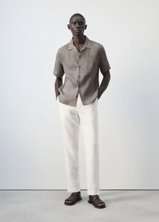 Mango Chemise 100 % lin col bowling marron moyen - Homme - XXL - MANGO MAN