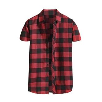 Generic Chemise &agrave; manches courtes pour homme, chemise &agrave; carreaux grande taille, chemise d&eacute;t&eacute; l&eacute;g&egrave;re, haut &agrave; carreaux &agrave; revers respirant, haut boutonn&eacute; r&eacute;tro, 