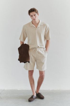 Trendyol MAN Herren Beige Gestreift Kurz Oversize Poloshirts