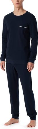 Schiesser Herren Schlafanzug Lang Wärmere Baumwolle - Fein Interlock Pyjamaset, Dunkelblau_179295, 48 EU