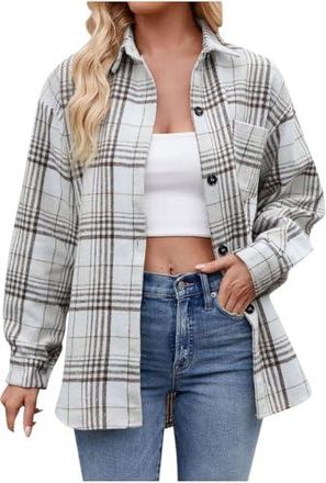 Generic Vestes dautomne d&eacute;contract&eacute;es pour femmes 2026 &agrave; carreaux mille oiseaux boutonn&eacute;e en flanelle, blanc, XXL