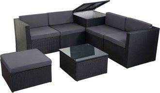 Hhg Poly-Rattan-Garnitur HHG 609, Balkon-/Garten-/Lounge-Set Sofa Sitzgruppe, Box Staufach anthrazit, Kissen dunkelgrau