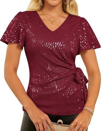 Grace Karin Femme Haut Chic &Agrave; Sequins Blouse Soir&eacute;e &Eacute;l&eacute;gante &Agrave; Paillettes Top De F&ecirc;te Col en V Manches &Agrave; Volants Courtes Bordeaux L