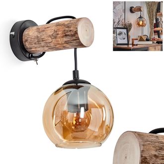 HOFSTEIN Wandleuchte Koyoto, Wandlampe aus Metall/Holz/Glas in Schwarz/Natur/Bernstein, Leuchte im Retro/Vintage-Design mit Schirm aus Glas (&Oslash; 15 cm) u. An/-Au