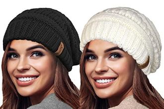 TOSKATOK Bonnet dhiver chaud et souple en tricot avec doublure thermique en velours ultra doux pour femme, Lot de 2 : noir/crème, Taille unique