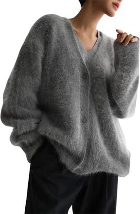 Generic Cardigan dhiver tendance &agrave; col en V pour femme - Manches longues - Surdimensionn&eacute; - Boutons - Vestes tricot&eacute;es solides, gris fonc&eacute;, Taille Unique
