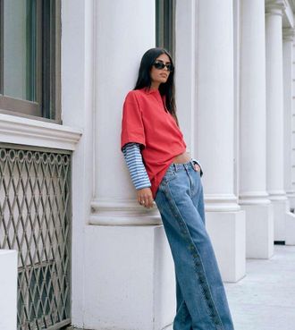 Lioness exklusive Sloane Jeans mit seitlichen Knopfdetails und lockerem Bein in Denimblau-Waschung