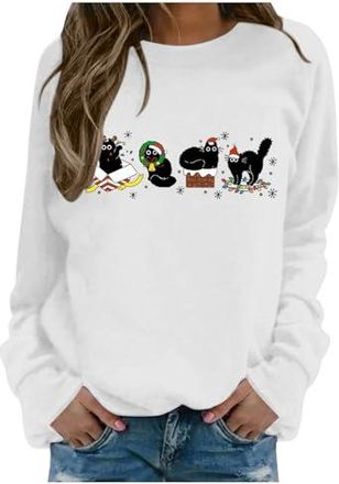 Generic Pull de No&euml;l pour chat noir avec lumi&egrave;res de No&euml;l, chemise &agrave; col rond, pull de vacances, pull &agrave; manches longues, chemisier &agrave; col rond, surdimensionn&eacute;,