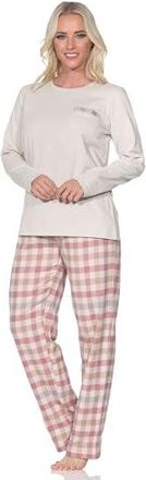 Normann Pyjama long pour femme avec pantalon de pyjama en flanelle à carreaux, ivoire, 38-40