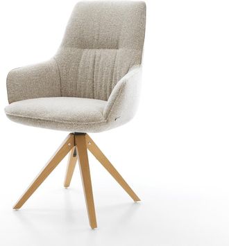 DELIFE Drehstuhl Zelia-Flex mit Armlehnen Webstoff Soft Beige Holzgestell kantig Natur 180&deg; drehbar Taschenfederkern, Esszimmerst&uuml;hle
