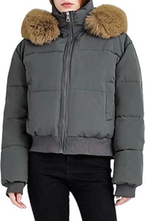 Generic Doudoune courte dhiver pour femme en fausse fourrure &agrave; capuche rembourr&eacute;e &agrave; manches longues Manteaux &agrave; bulles dhiver chauds et bouffants, gris, XXL