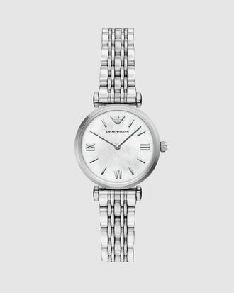Emporio Armani Damenuhr aus silberfarbenem Edelstahl mit zwei Zeigern, AR11768