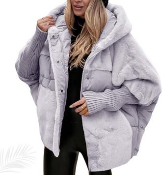 Generic Manteau en duvet surdimensionné pour femme, veste dhiver chaude et décontractée à capuche en molleton et en peluche, gris, 3XL