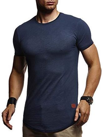 LEIF NELSON LN8331 T-shirt dété long à col rond pour homme, coupe ajustée en maille fine basique à manches courtes, blanc et noir, bleu foncé, XL