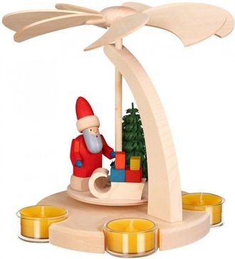 Seiffener Volkskunst | Weihnachtspyramide Teelicht Bogenpyramide | 18 cm Pyramide | Moderne Volkskunst aus dem Erzgebirge | 16251 | Weihnachtsmann mit Schlitten