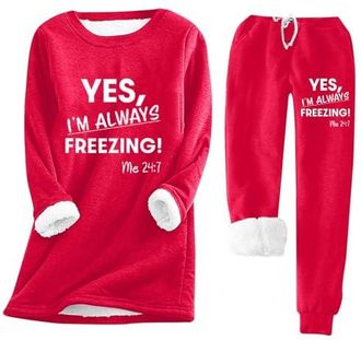 Generic Surv&ecirc;tement doubl&eacute; en polaire pour femme, imprim&eacute; lettres, col ras du cou, haut chaud dhiver, jogging, tenue 2 pi&egrave;ces, surv&ecirc;tements (Red, M)