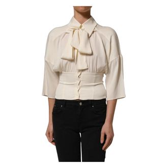 Dolce & Gabbana Femme, Blouses et Chemises, Blanc, Taille: 38 FR Blouse &agrave; col Ascot Manches Longues