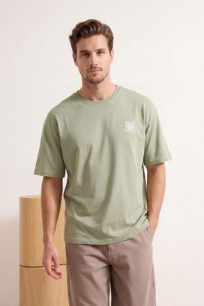 Trendyol MAN Herren Khaki Bestickt Kurz Oversize T-Shirts