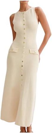 Generic Robes amincissantes 2026 d&eacute;t&eacute; 2024 europ&eacute;enne et style sans manches col rond coupe ajust&eacute;e, beige, L