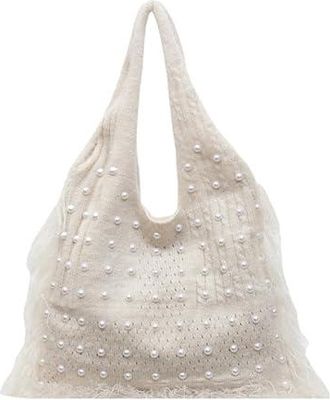 Generic Sac de plage en tricot boh&egrave;me avec perles dimitation pour femme - Sac &agrave; main au crochet sous les bras pour le voyage et le travail, blanc, 350*60*260m