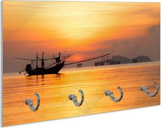 Wallario Schl&uuml;sselbrett aus Glas 30 x 20 cm, Wand Schl&uuml;sselhalter mit 4 Haken, Motiv: Thail&auml;ndisches Fischerboot vor Sonnenuntergang