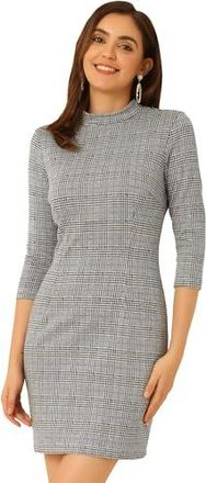 Allegra K Femme Robe &agrave; Carreaux Vintage &agrave; Col Montant et Manches 3/4 Marron Noir Blanc XL